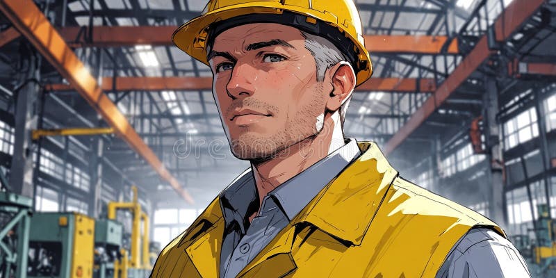 A Man Engineer in a Yellow Helmet in Factory. Anime Style Stock Photo ...