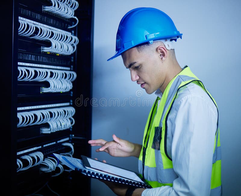Man, Engineering and Tablet for Data Center Maintenance, Server Room ...