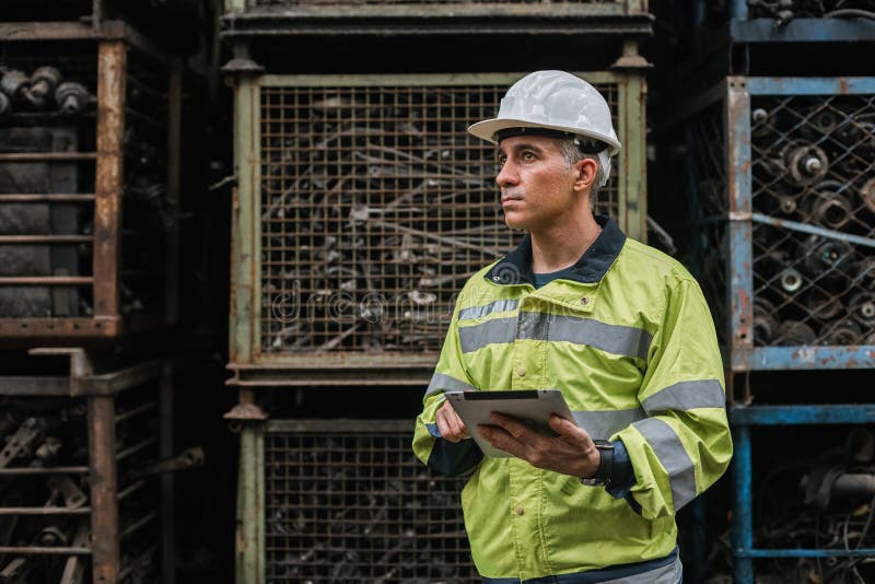 Man Engineering Worker Wear Uniform and Helmet Using Tablet for Work in ...