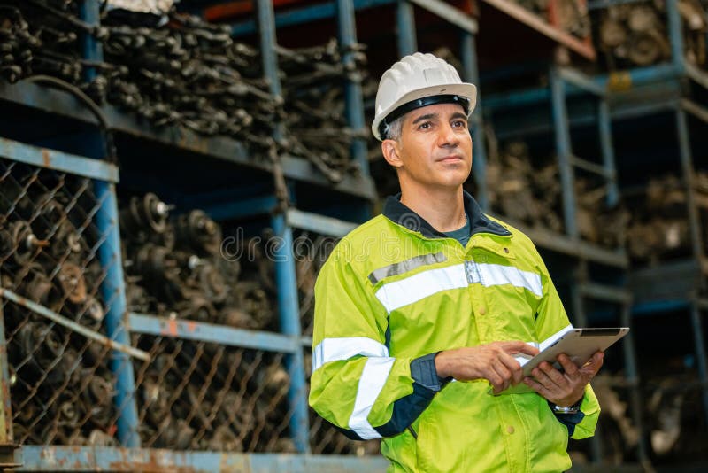 Man Engineering Worker Wear Uniform and Helmet Using Tablet for Work in ...