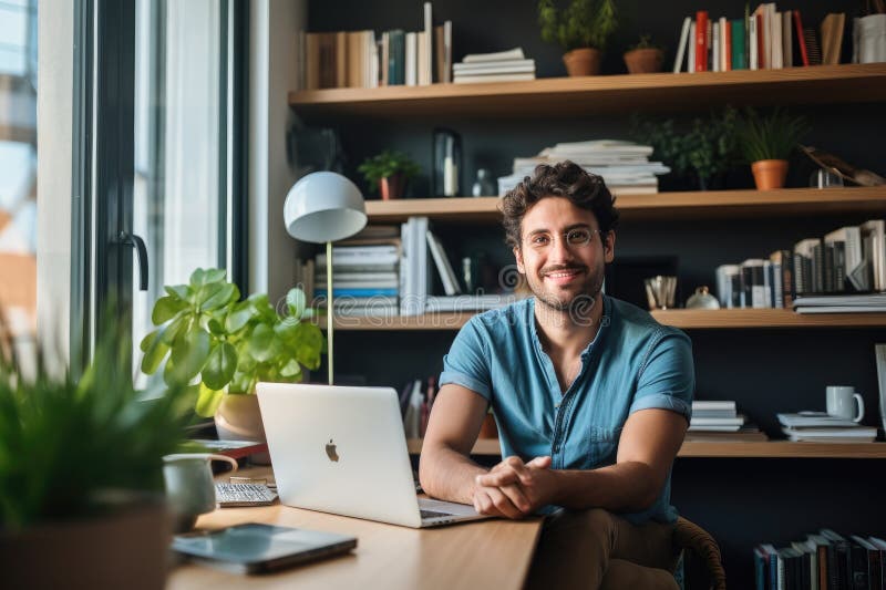 A Man Engrossed In His Work Sitting In Front Of A Laptop Computer Happy Young Man At His Home