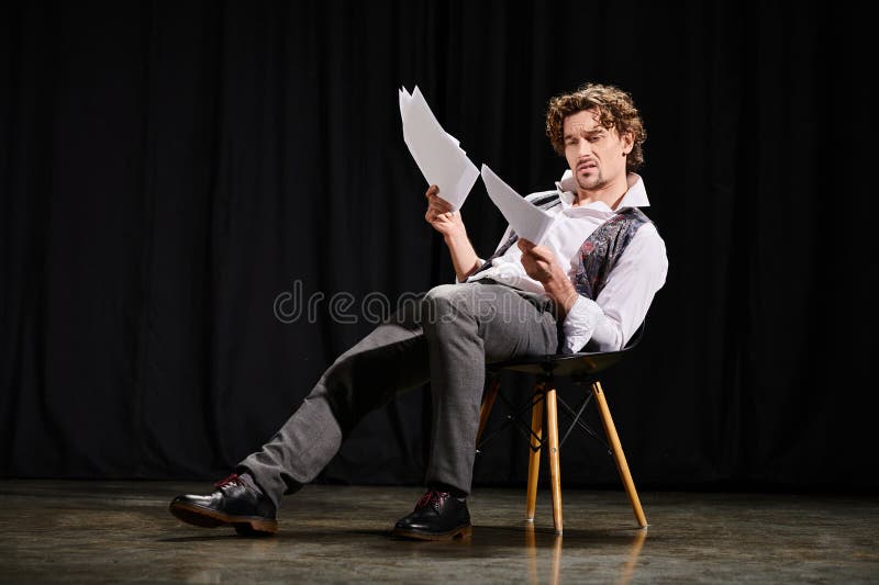 A Man Engrossed in Reading a Script while Seated in a Chair Stock Photo ...