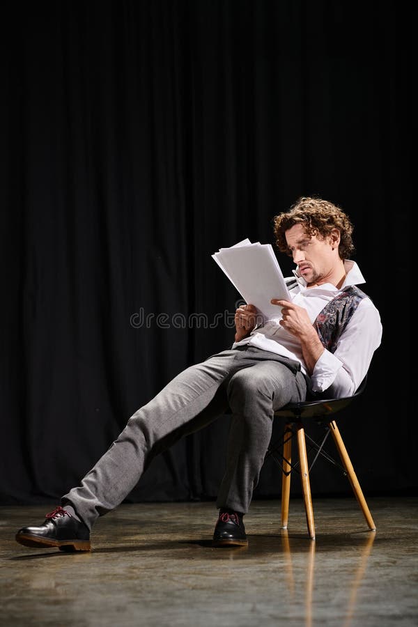 A Man Engrossed in Reading a Script while Seated in a Chair. Stock ...