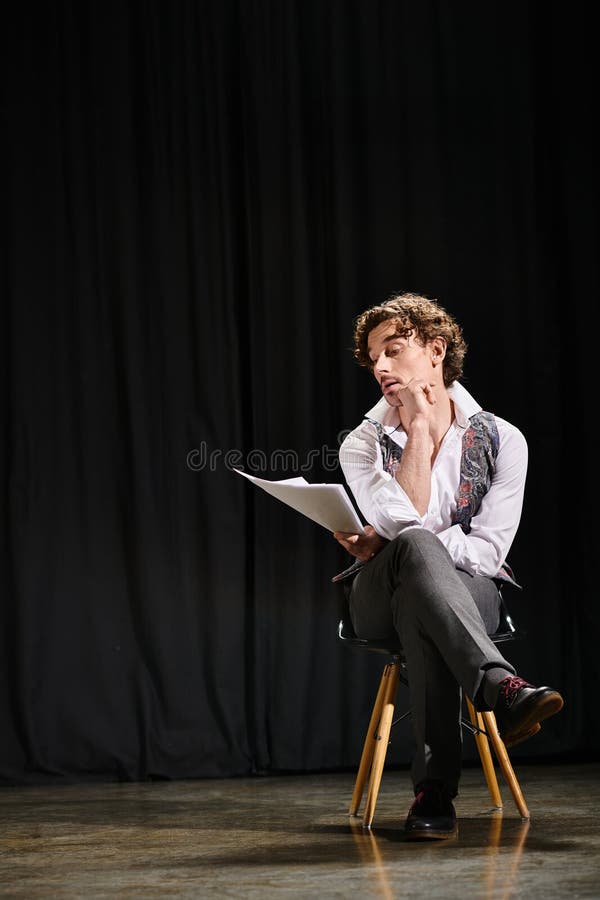 A Man Engrossed in Reading a Script while Sitting on a Chair. Stock ...
