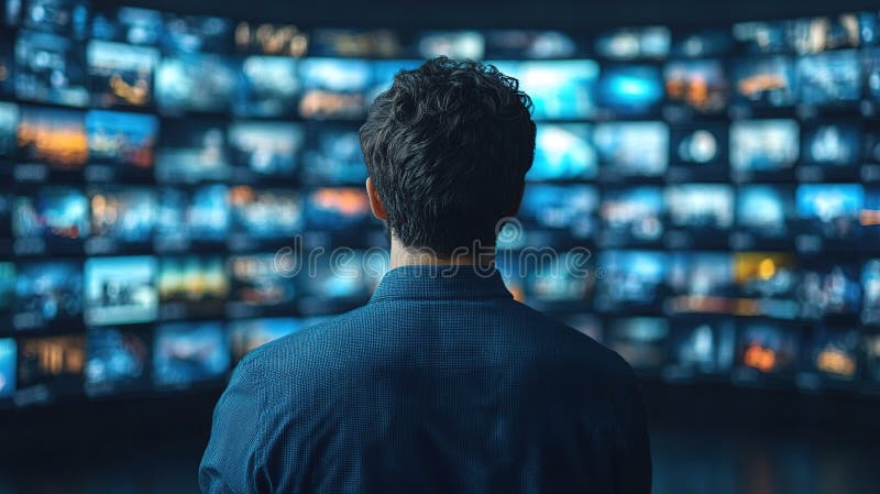 Man Engrossed in a Vast Video Wall Display Stock Illustration ...