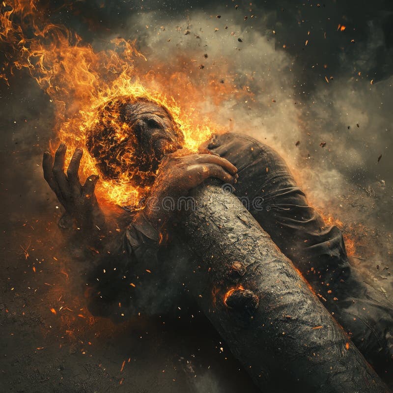 Man Engulfed in Flames Gripping a Large Object in Dramatic Artwork ...