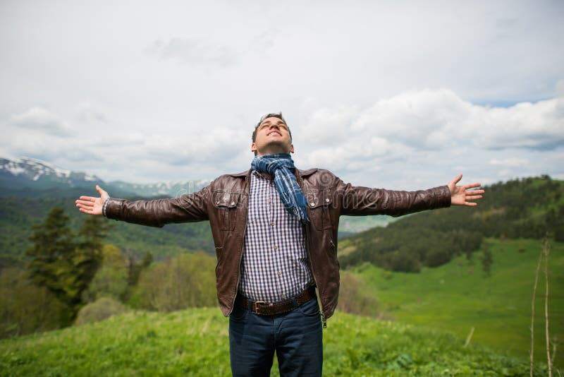Man Enjoy with Freedom Feel on the Top of Mountain Stock Photo - Image ...