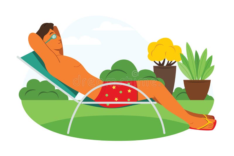 Man Enjoy Sunbathing in Garden on the Summer. Stock Vector ...