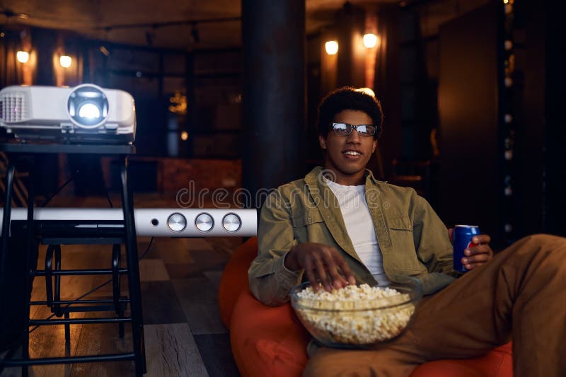 Man Enjoy Watching Film Using Video Projector Stock Image - Image of ...