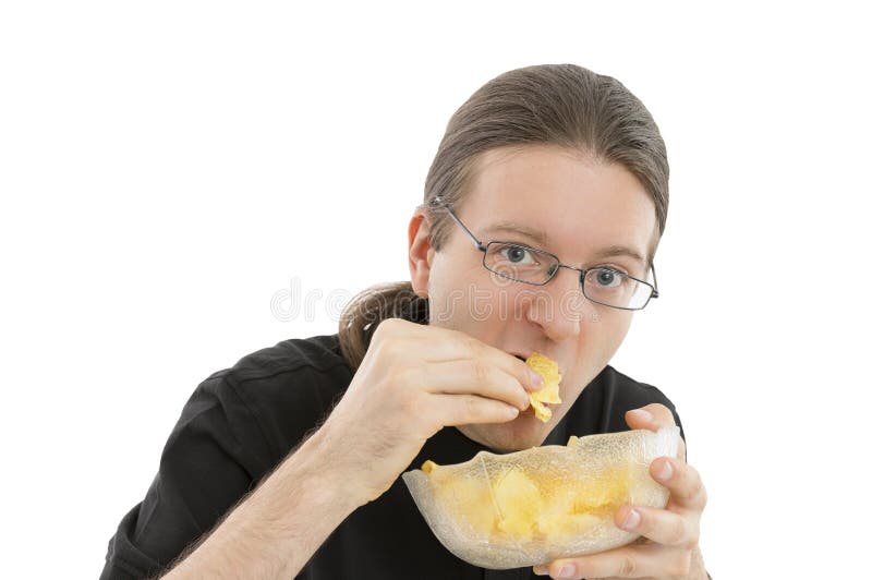 Man Eating Potato Chips Hurriedly Stock Image - Image of junk, male ...