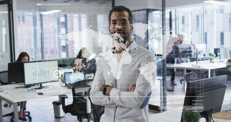 Man Entering Open-plan Office while Activating World Map and Markers ...
