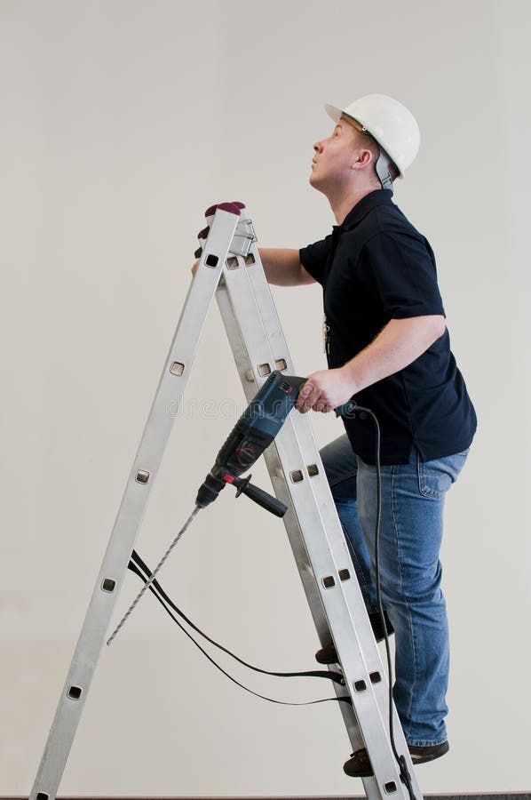 Man Enters the Ladder with Drill Stock Image - Image of ladder, person ...