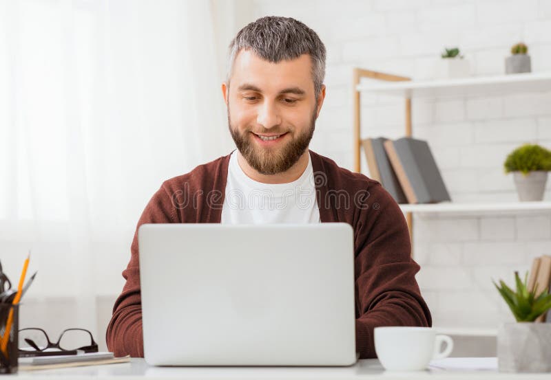 Man Entrepreneur Sitting in Front of Laptop Computer Stock Image ...