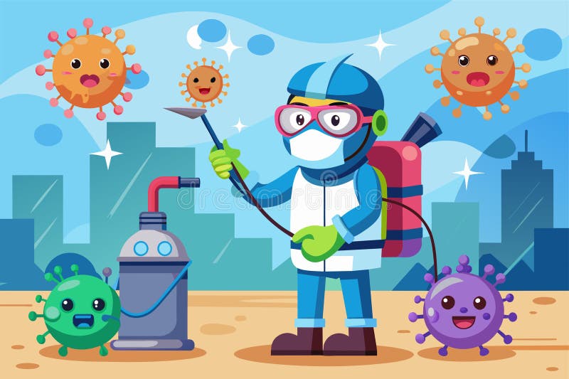 A Man Equipped with a Backpack Sprayer Confronts a Group of Germs in a ...