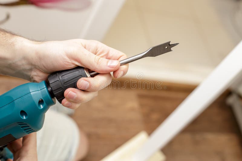 Carpenter Establishes the in a Wooden Door Mortise Lock. Stock Image ...