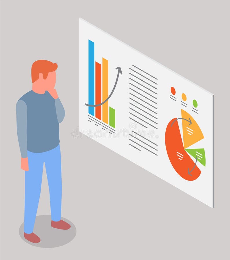 Man Estimates Demand Indicators on Presentation Board with Charts and ...