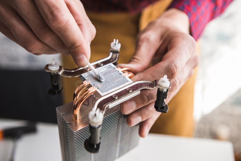 Man Examines Laptop PC Clean Thermal Paste Stock Image - Image of board ...