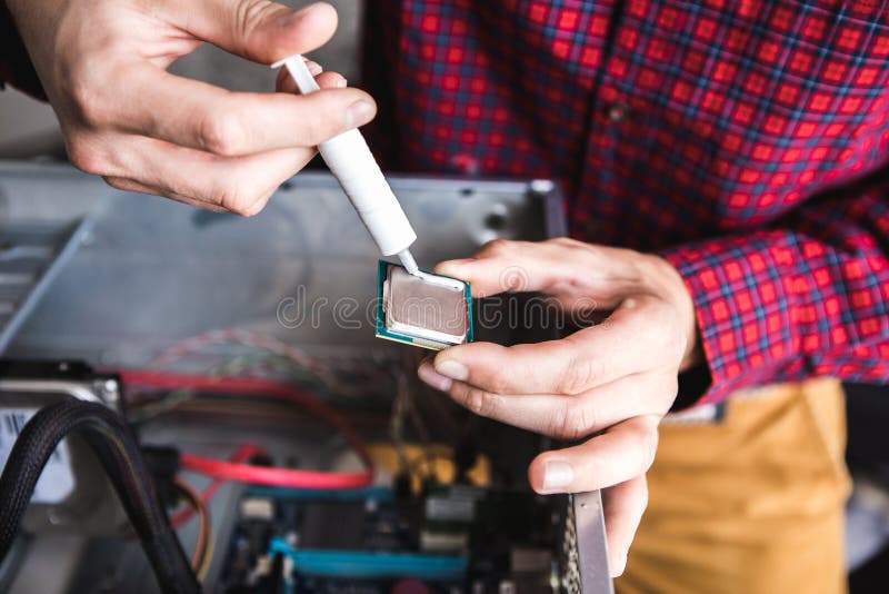 Man Examines Laptop PC Clean Thermal Paste Stock Photo - Image of ...