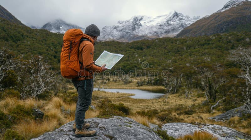 Man Examines Map in Wilderness Adventure, Explore Terrain and Find Your ...