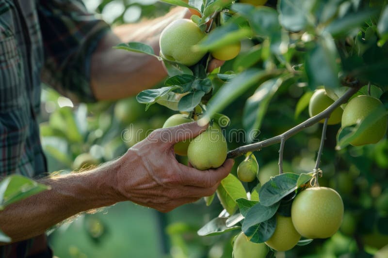 Man Examines Ripening Apples in Orchard Stock Photo - Image of nature ...