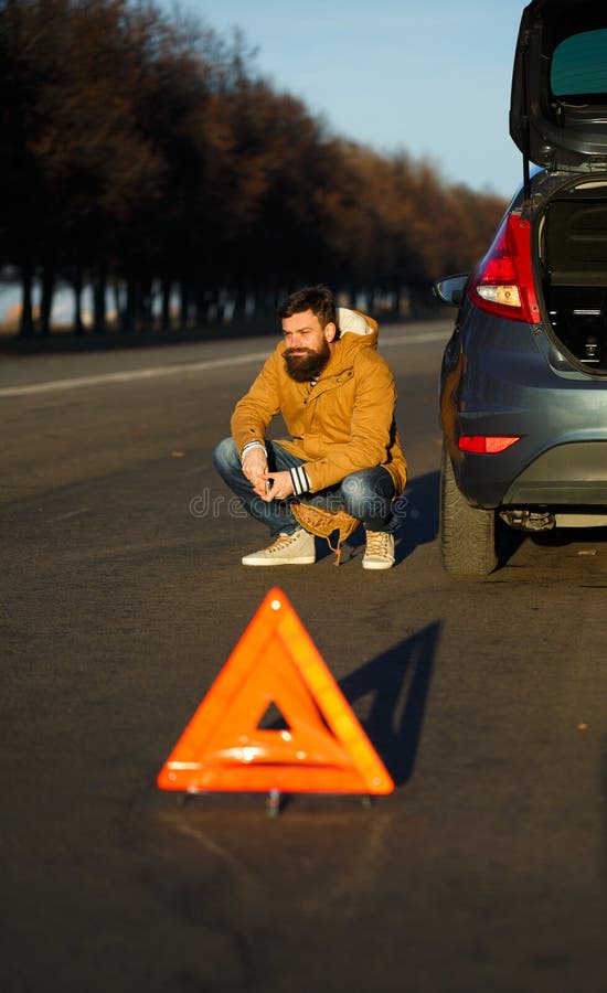 Man Examining Damaged Automobile Cars after Breaking Stock Photo ...