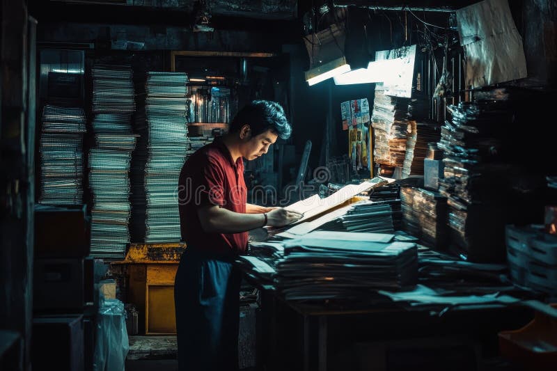 Man Examining Documents in a Dark and Cluttered Workspace Stock ...