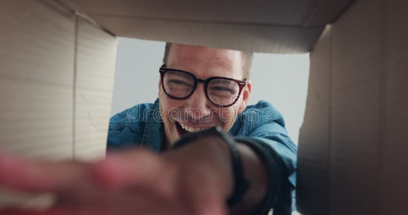 Man, Excited and Happy with Box and Open, Package or Parcel with ...