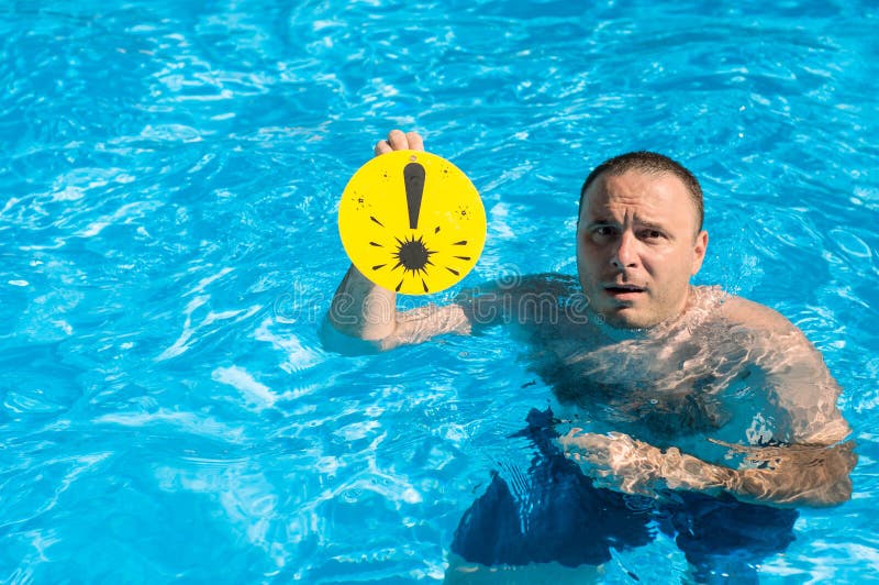 Man with an Exclamation Mark in the Pool Stock Image - Image of hold ...