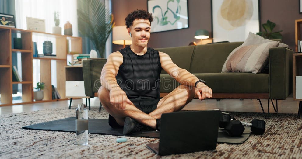 Man, Exercise and Laptop on Floor in Home with Video Tutorial for ...
