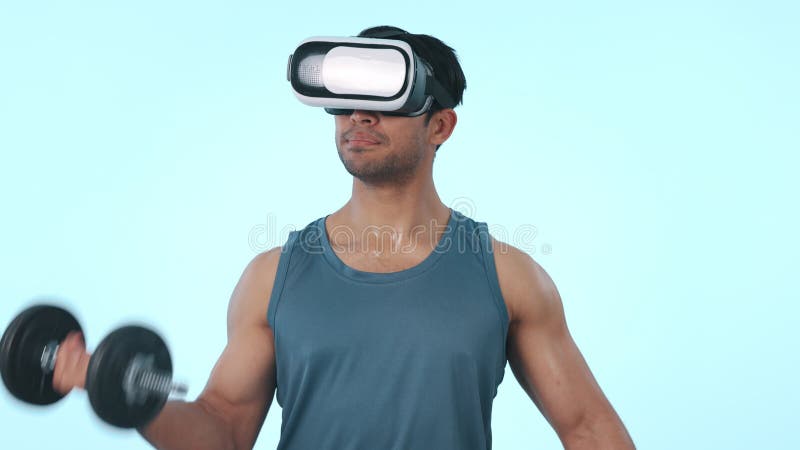 Man, Exercise and Virtual Reality Glasses by Studio Background with ...