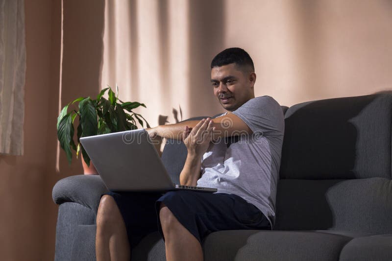 Man Exercising in Front of the Computer. Stock Photo - Image of ...