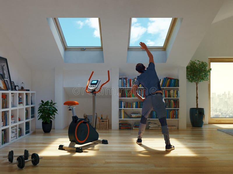 Man Exercising at Home, Stretching Legs. 3d Rendering Stock ...