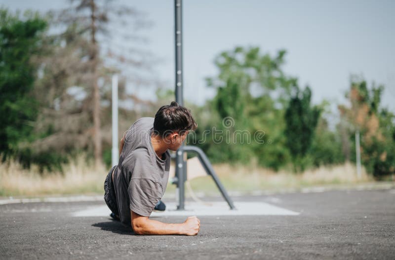 Man Exercising Outdoors on a Concrete Surface, Performing a Plank ...