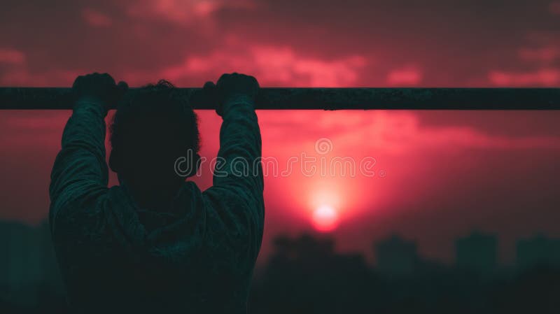 Man Exercising on Pull Up Bar at Sunset with Dramatic Red Sky and City ...