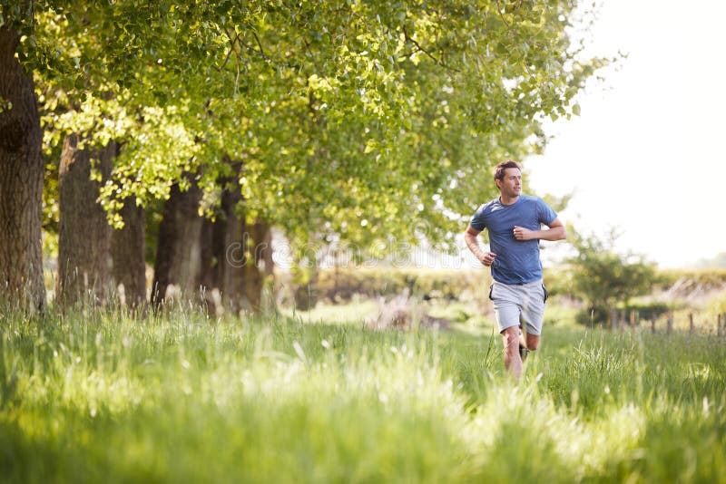 Man Exercising Running through Countryside Field Stock Photo - Image of ...