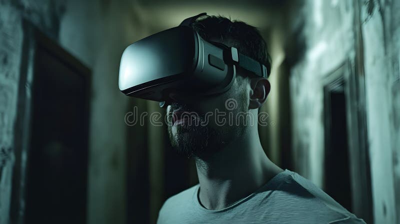 A Man Experiences Virtual Reality in a Dark, Eerie Hallway, Showcasing ...