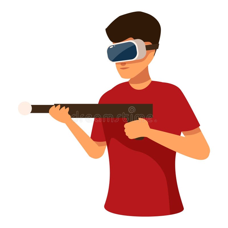 Man Experiencing Virtual Reality Game World Using Headset and Gun ...