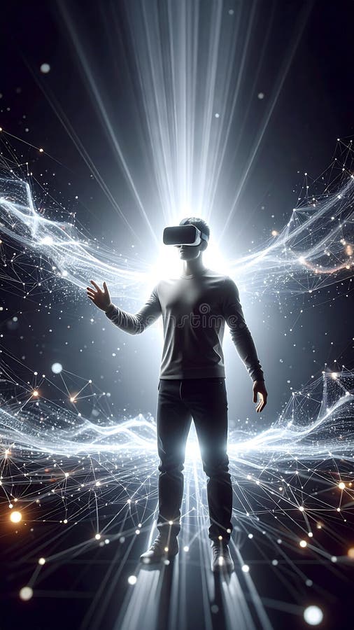 Man Experiencing Virtual Reality Surrounded by Dynamic Water Splash ...