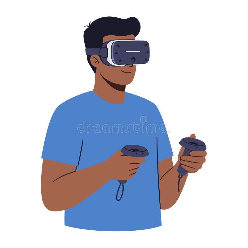 Man Experiencing Virtual Reality with VR Headset and Controllers Stock Vector - Illustration of ...
