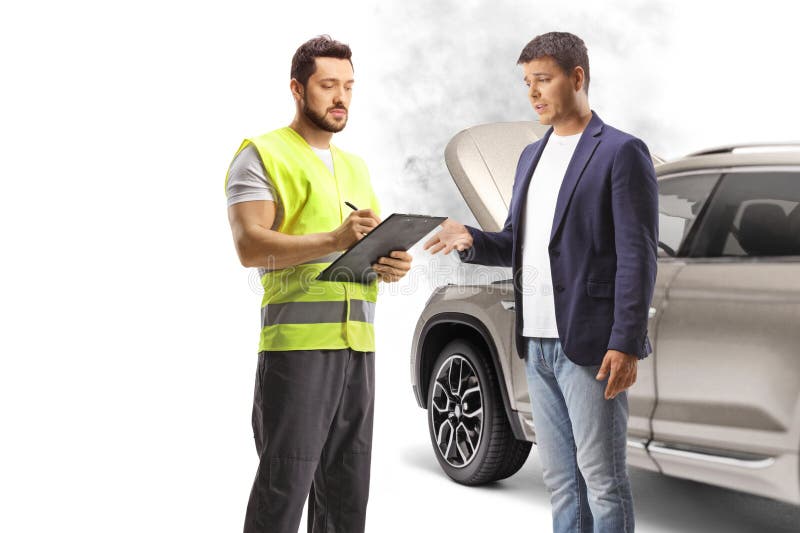 Man Explaining Car Problem Road Help Worker Stock Photos - Free ...