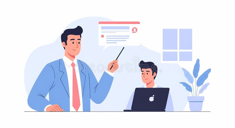 Man Explaining Task To Coworker Using Laptop with a Pointer Stick Stock ...