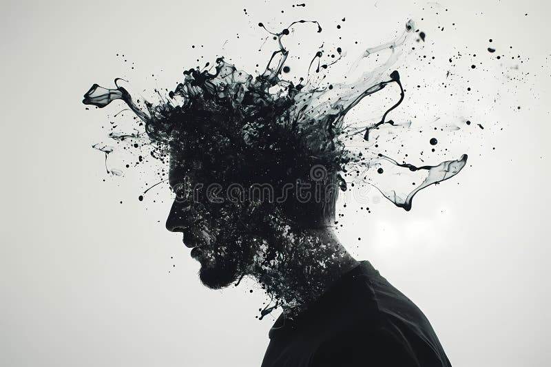 Man with Exploding Head, Dissolving into Black Ink Splash Stock Photo ...
