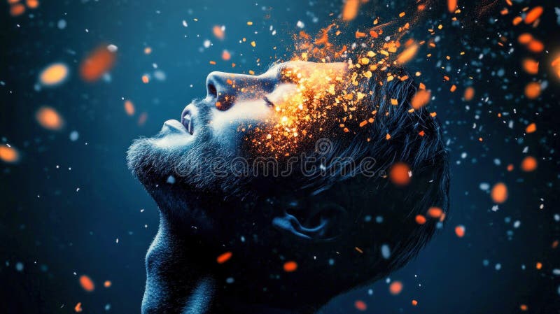 Man with Exploding Head Emitting Sparks Against Dark Background Stock ...