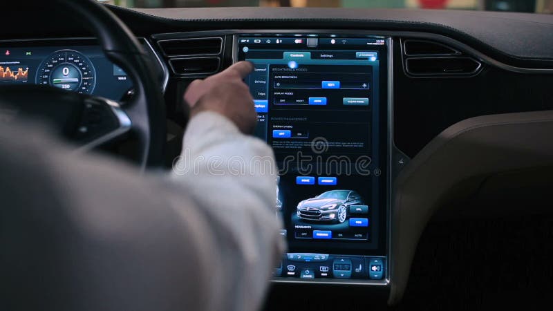 Dashboard in Electric Car Shows Battery Charge, Navigation, Charging ...