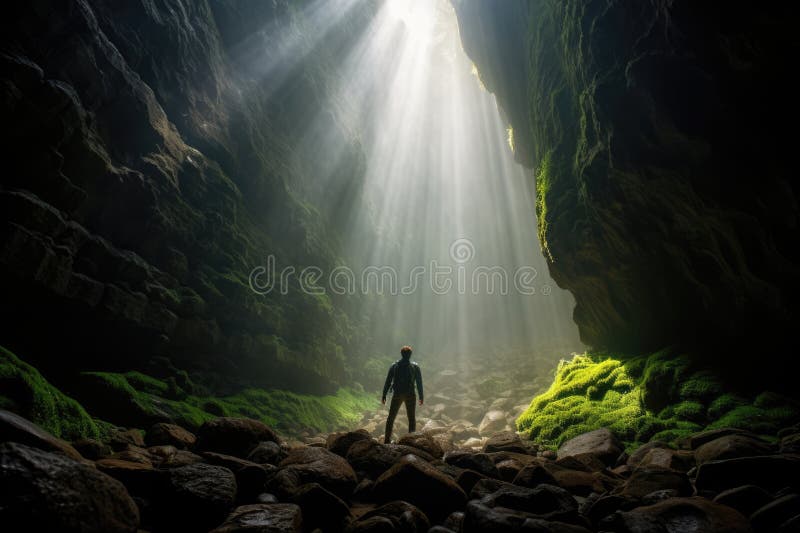 A Man Explore a Deep Cave with Light Ray from Above. Outdoor Adventure ...