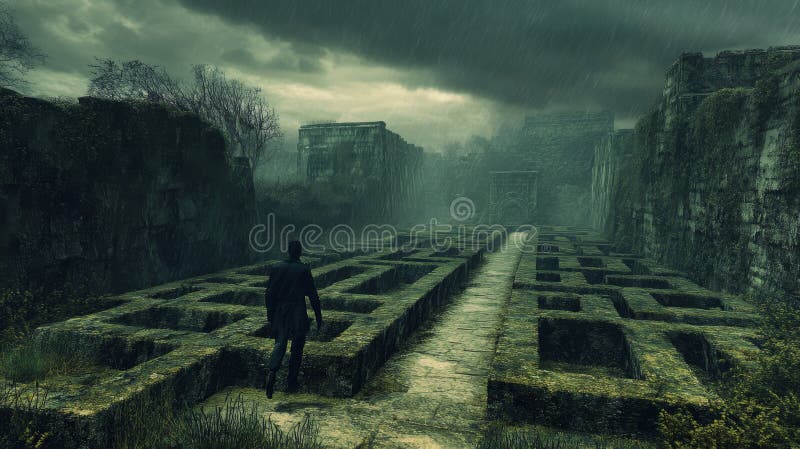 Man Exploring an Ancient Labyrinth in the Rain Stock Image - Image of ...