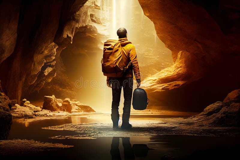 Man Exploring the Cave Deep Under Earth. Generative AI Stock ...