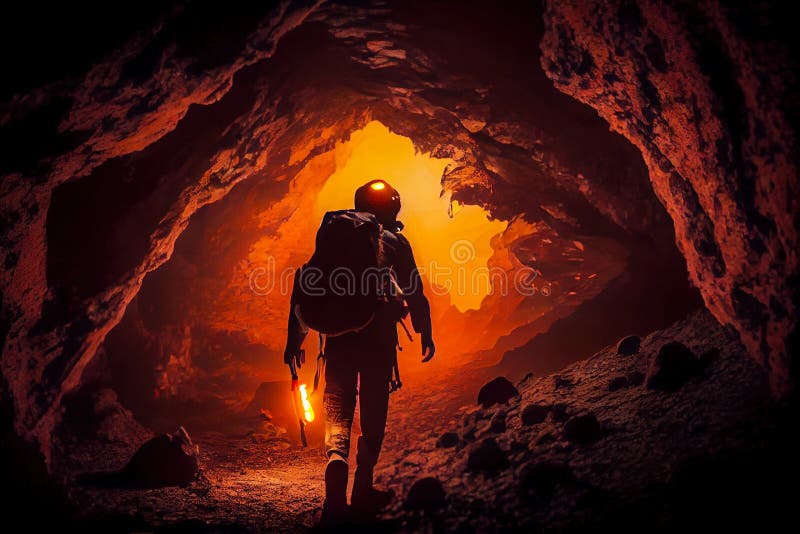 Man Exploring the Cave Deep Under Earth. Generative AI Stock ...