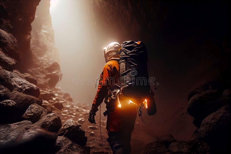 Man Exploring the Cave Deep Under Earth. Generative AI Stock ...
