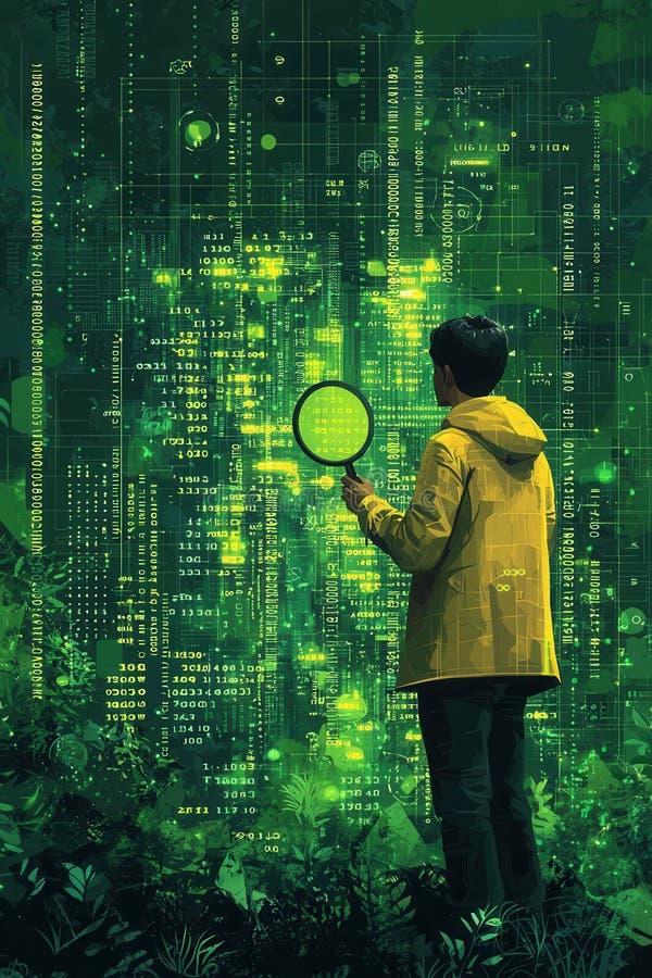 Man Exploring Digital Data Visualization in a Lush Green Environment ...